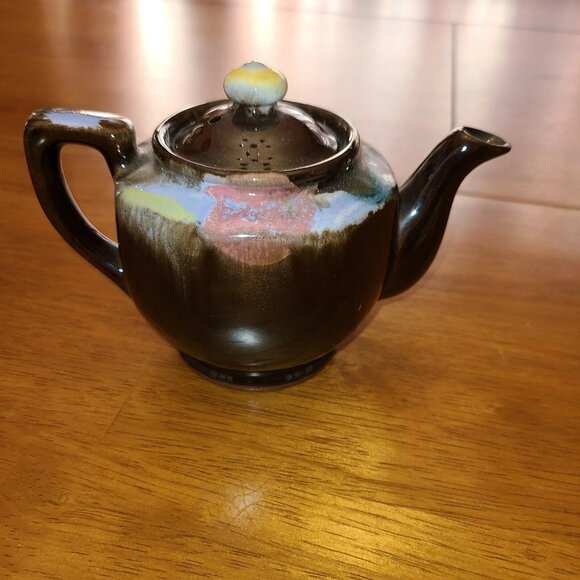 Kitchen | Vtg Tea Pot For One Brown Glaze With Yellow Blue Pink Accents ...
